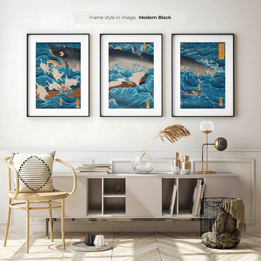 Japanese Ukiyo-e Whale Print Set of 3– Antique Ocean Art, Oriental ...