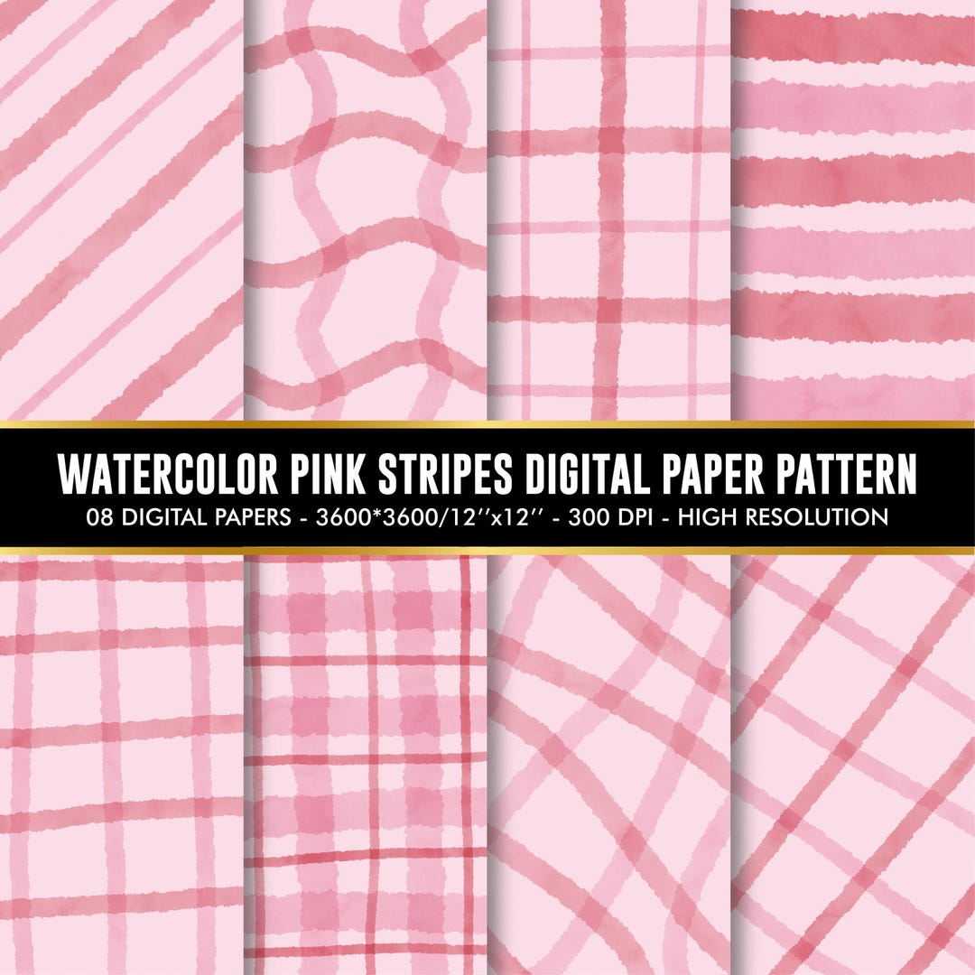 Watercolor Pink Stripes Digital Paper, Scrapbook Background (digital ...