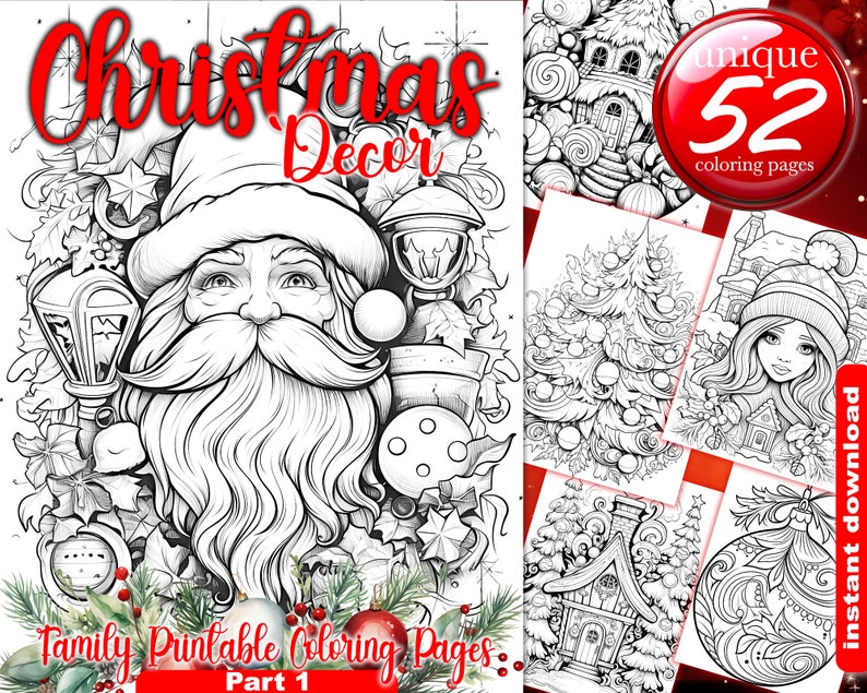 Christmas Decor, 52 Printable Coloring Pages, Coloring Book, Instant ...