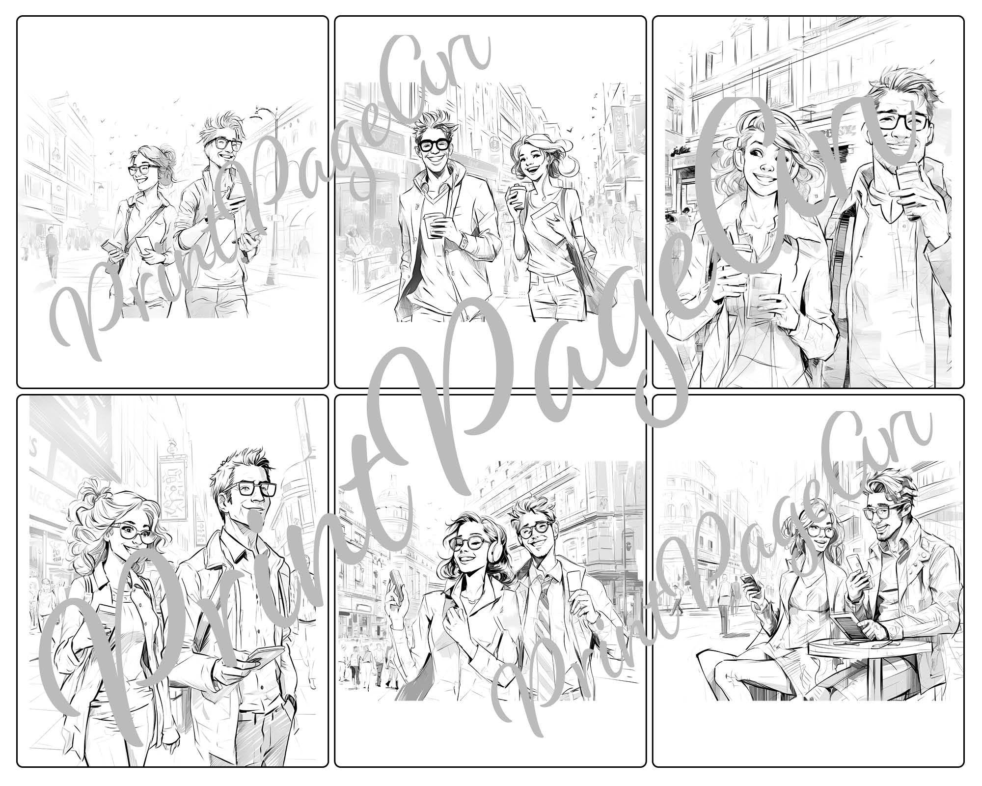 City Break Cartoon Couple Coloring Pages: 36 Themes (PDF) - Etsy