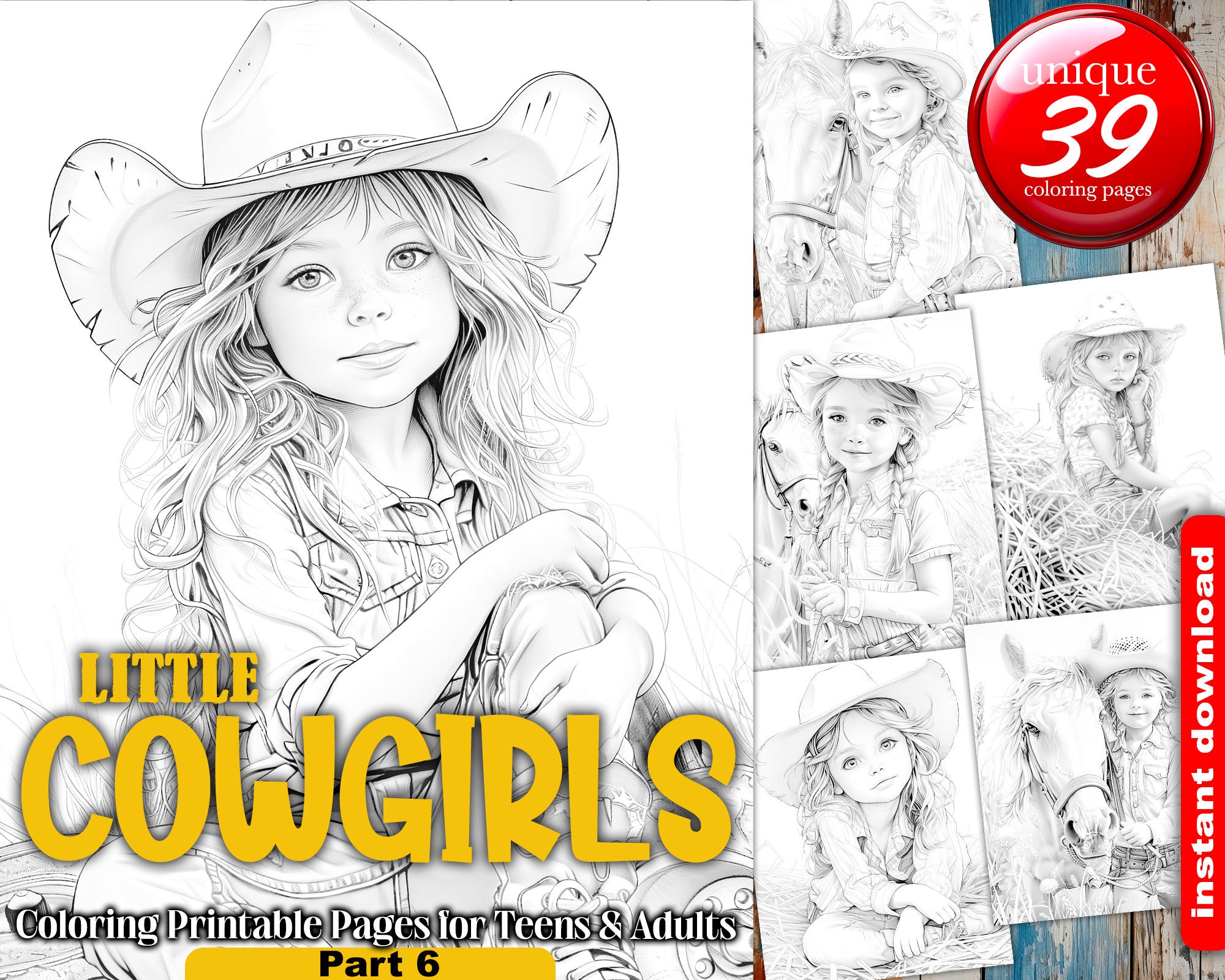 Cowgirl Coloring Pages for Adults: Wild West Grayscale (PDF Download ...