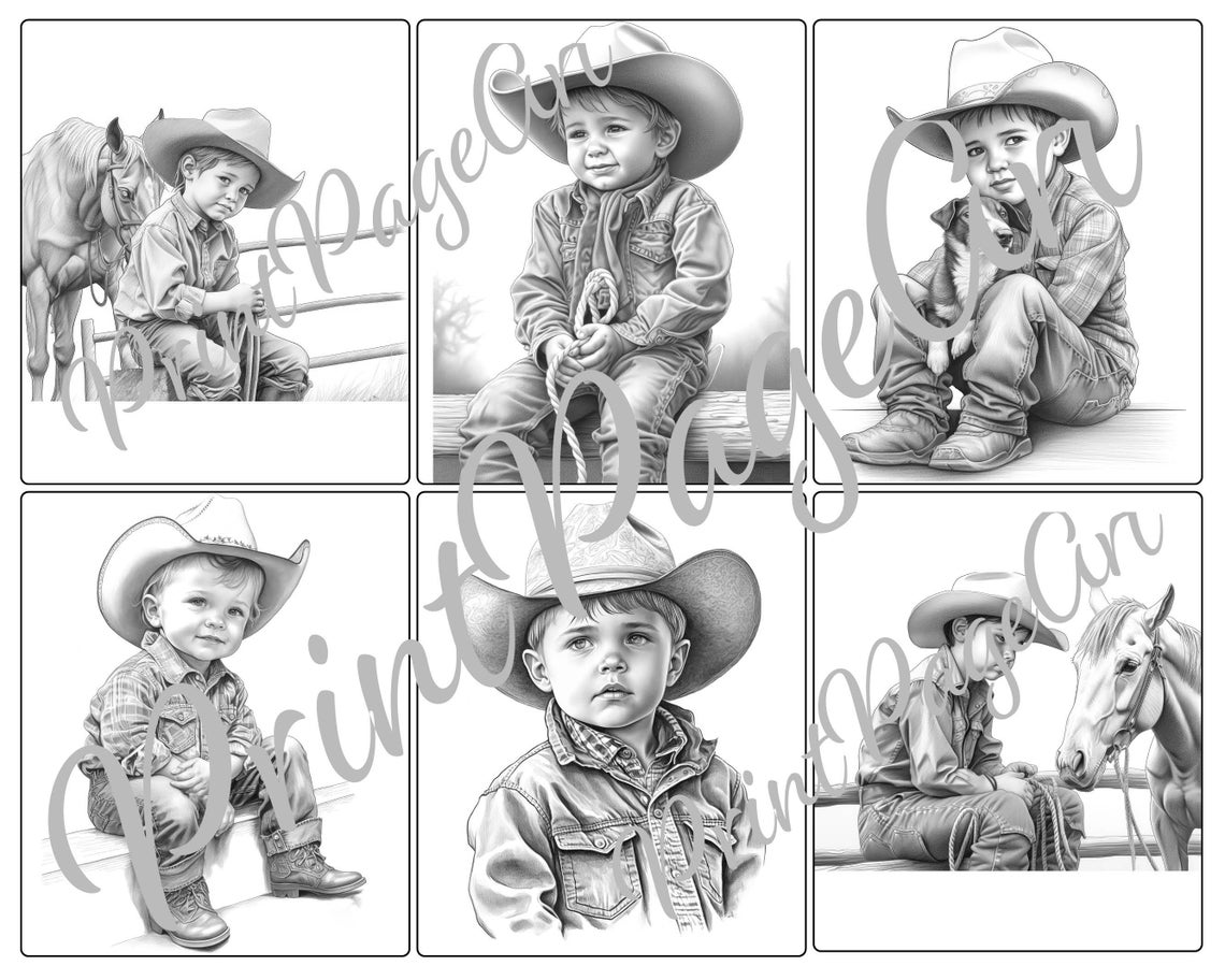Little Cowboy Coloring Pages: Wild West Grayscale Art (PDF Download) - Etsy