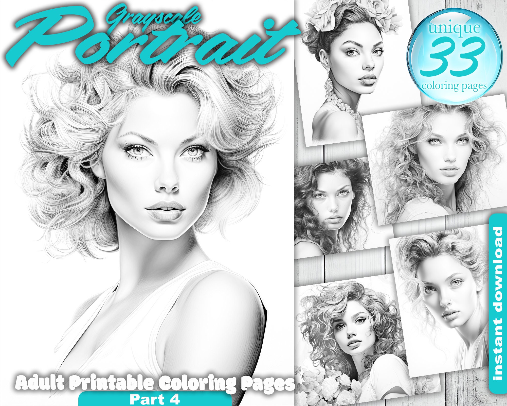 Grayscale Woman Portrait Grayscale Coloring Page Printable Adult ...