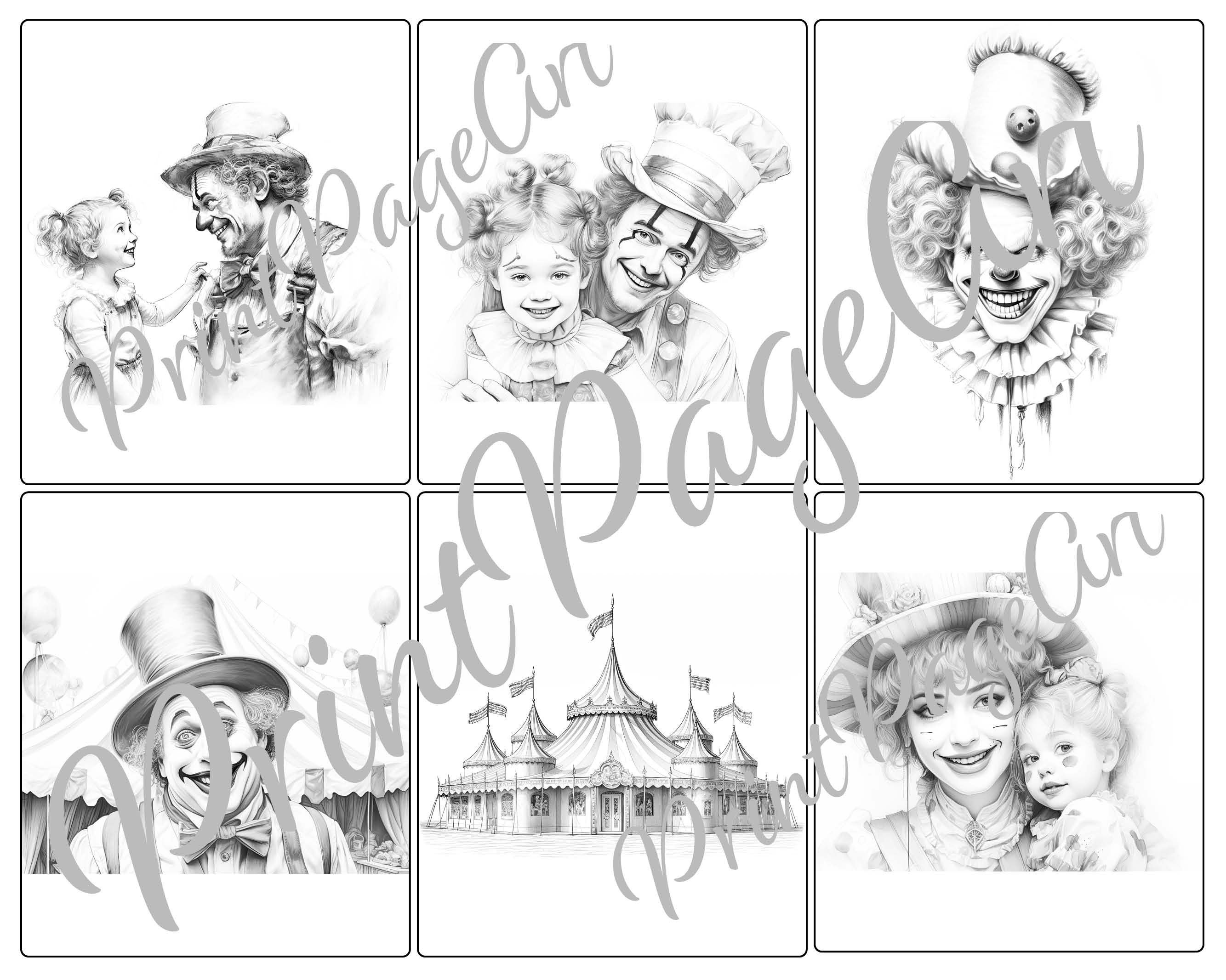Clown Circus Grayscale Adult Printable Pages Circus Theme Grayscale ...