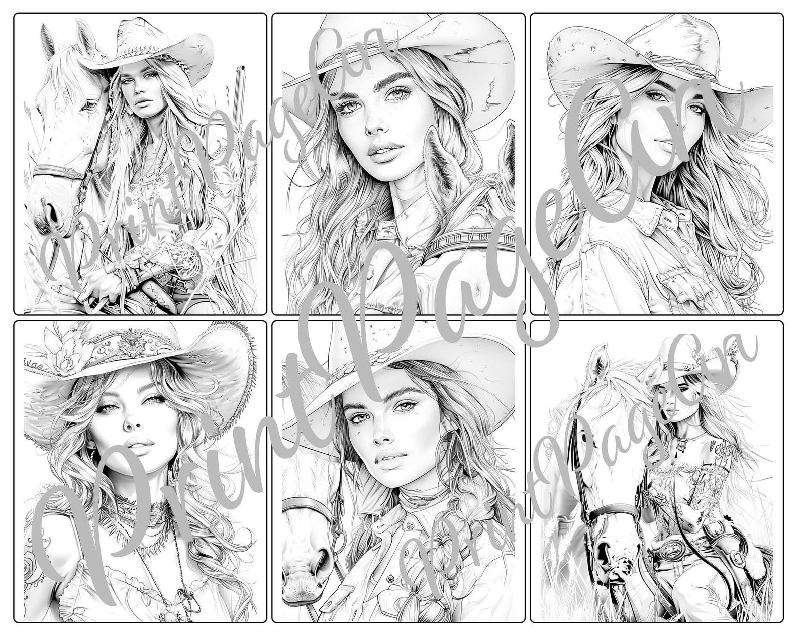 Cowgirl Coloring Book: Wild West Grayscale Illustrations (39 Pages ...