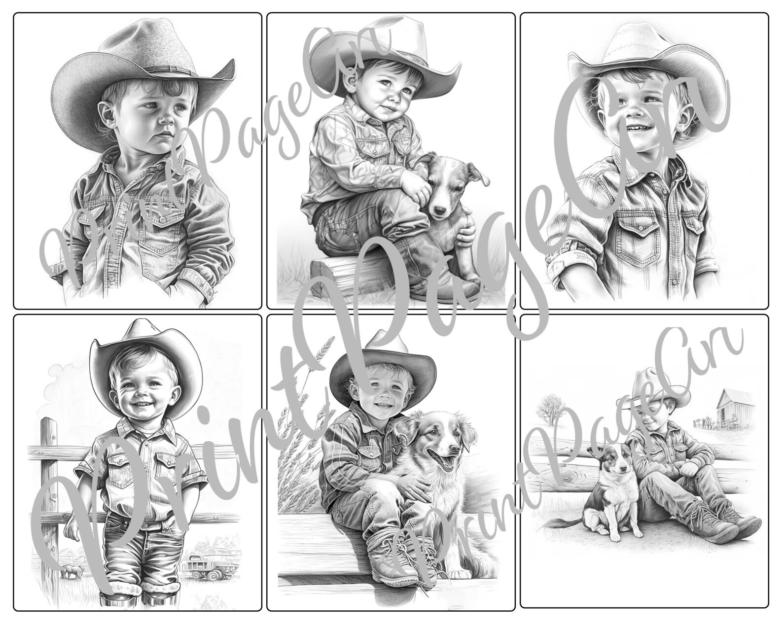 Little Cowboy Coloring Pages: Wild West Grayscale Art (PDF Download) - Etsy
