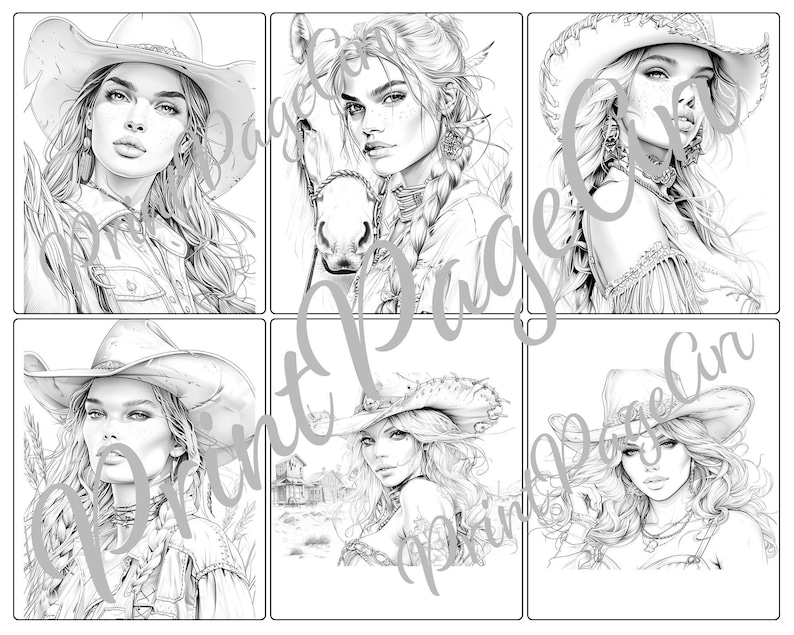 Cowgirl Coloring Book: Wild West Grayscale Illustrations (39 Pages ...
