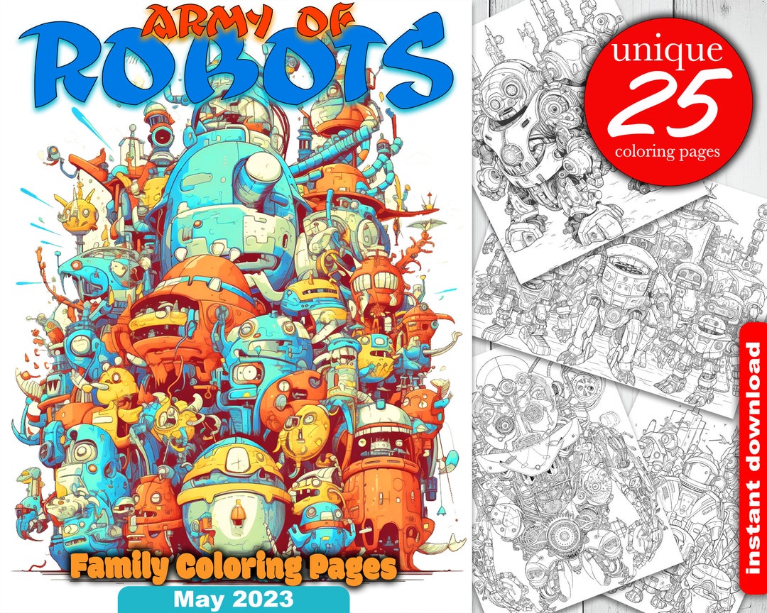Robot Army Coloring Pages: 25 Grayscale Illustrations (PDF Download) - Etsy