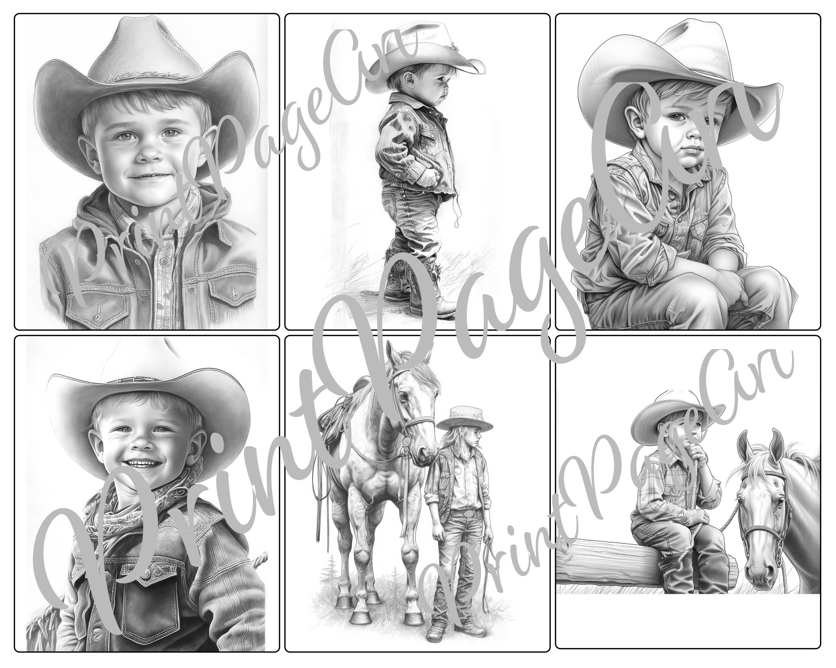 Little Cowboy Coloring Pages: Wild West Grayscale Art (PDF Download) - Etsy