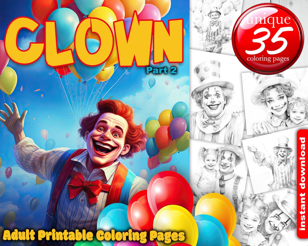 Clown Circus Grayscale Adult Printable Pages Circus Theme Grayscale ...