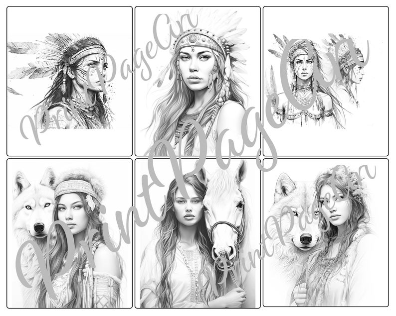 Native American Woman Coloring Pages: Grayscale Illustrations (PDF ...