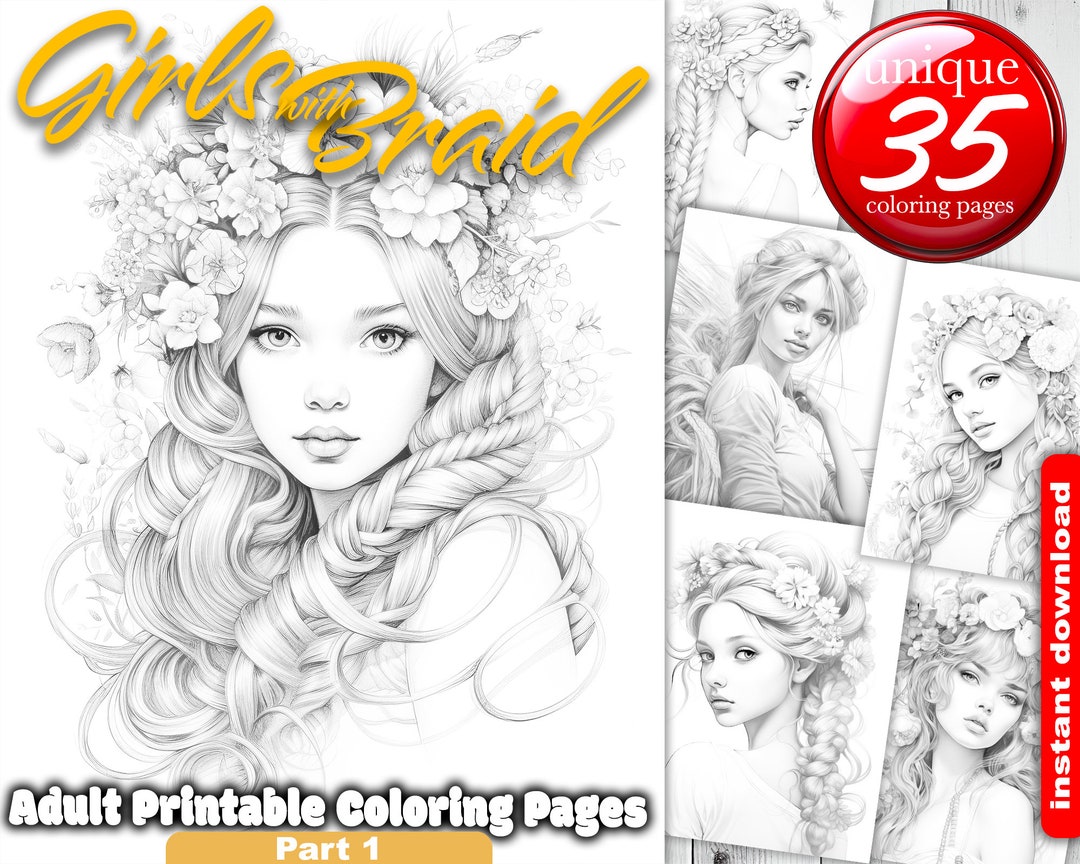 Girl With Braid, 35 Adult Coloring Pages, Instant Download, Grayscale ...