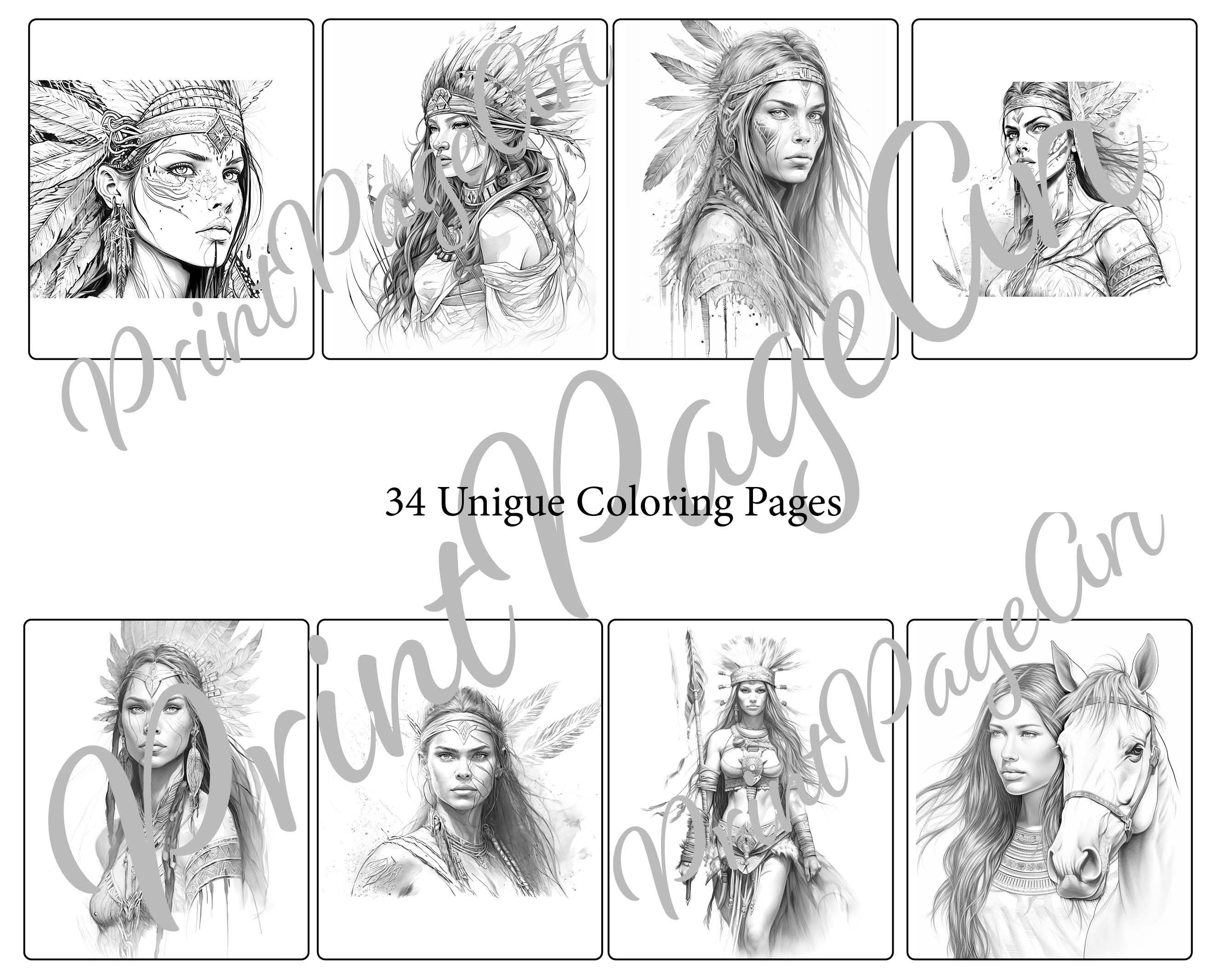 American Indian Woman Grayscale Coloring Page Printable Adult Coloring ...