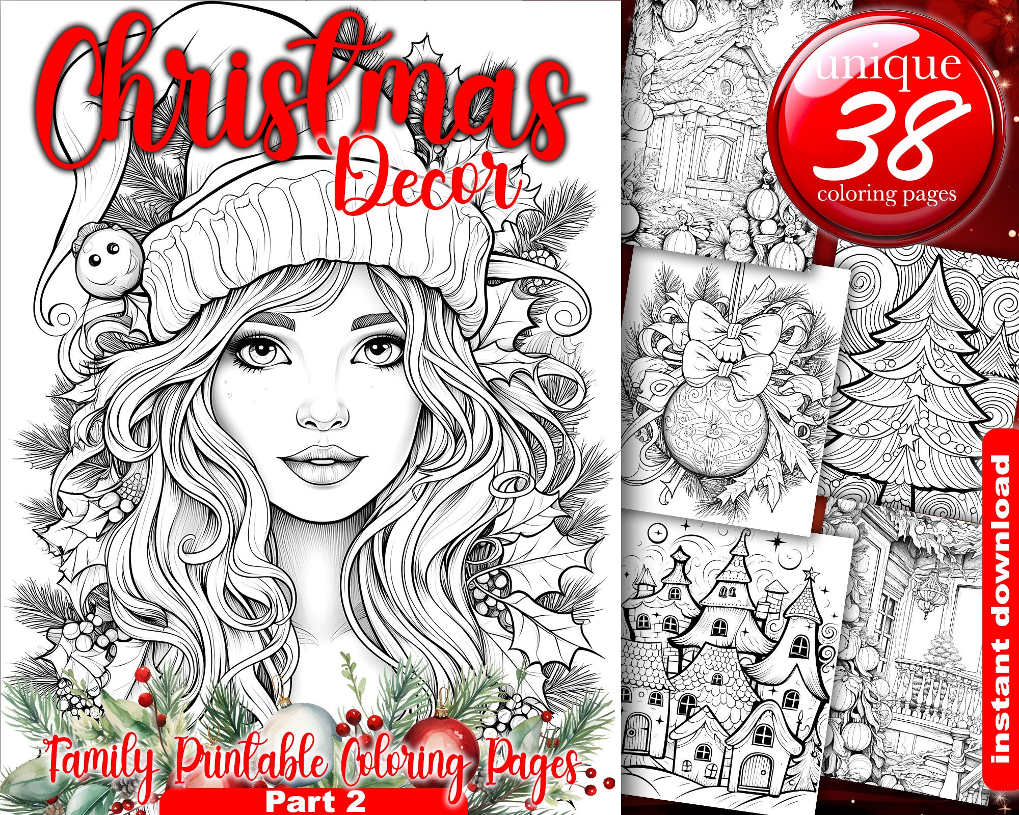 Christmas Decor, 52 Printable Coloring Pages, Coloring Book, Instant ...