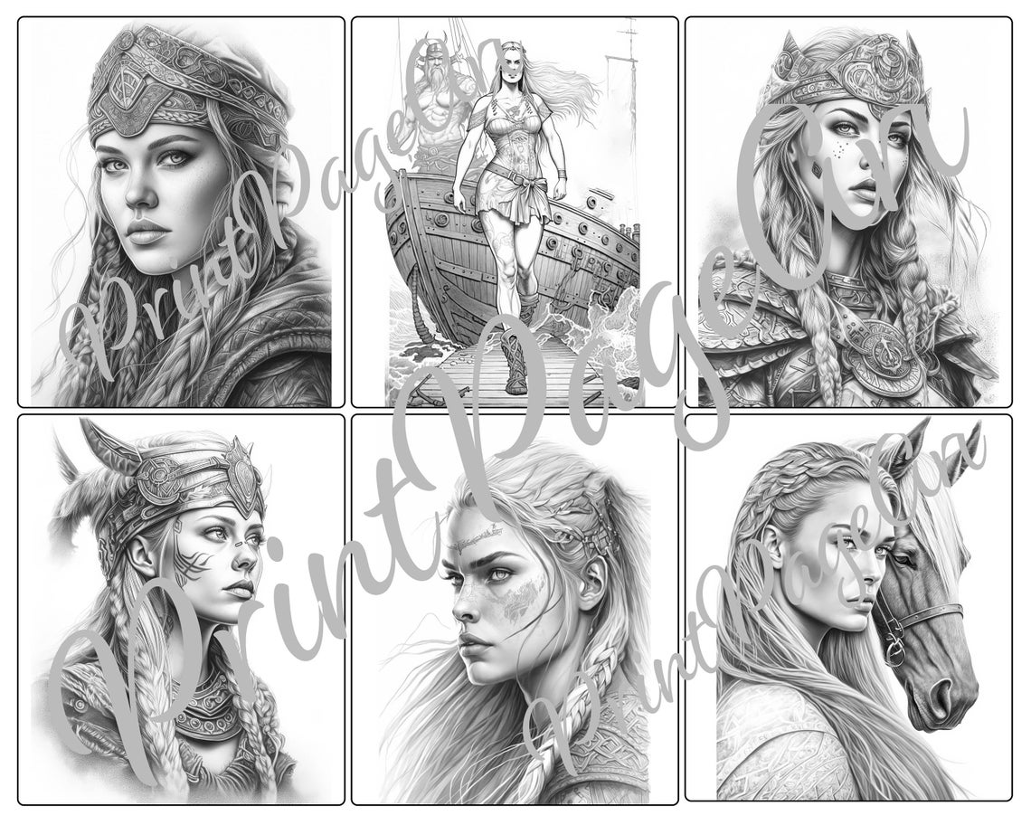 Viking Woman Edition Grayscale Coloring Page Printable Adult Coloring ...