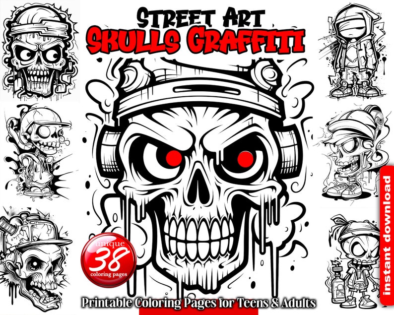 Street Art. Skulls Graffiti. 38 Printable Coloring Pages. Easy Download ...