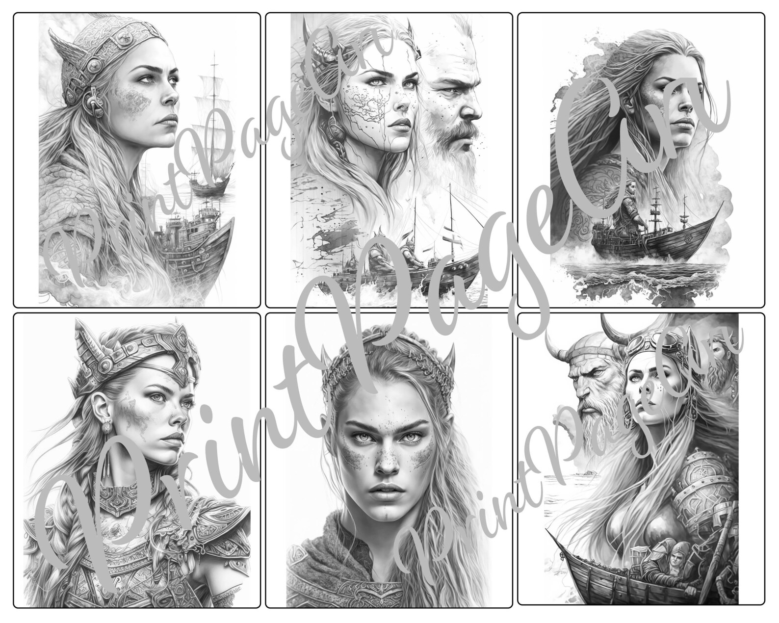 Viking Woman Edition Grayscale Coloring Page Printable Adult Coloring ...