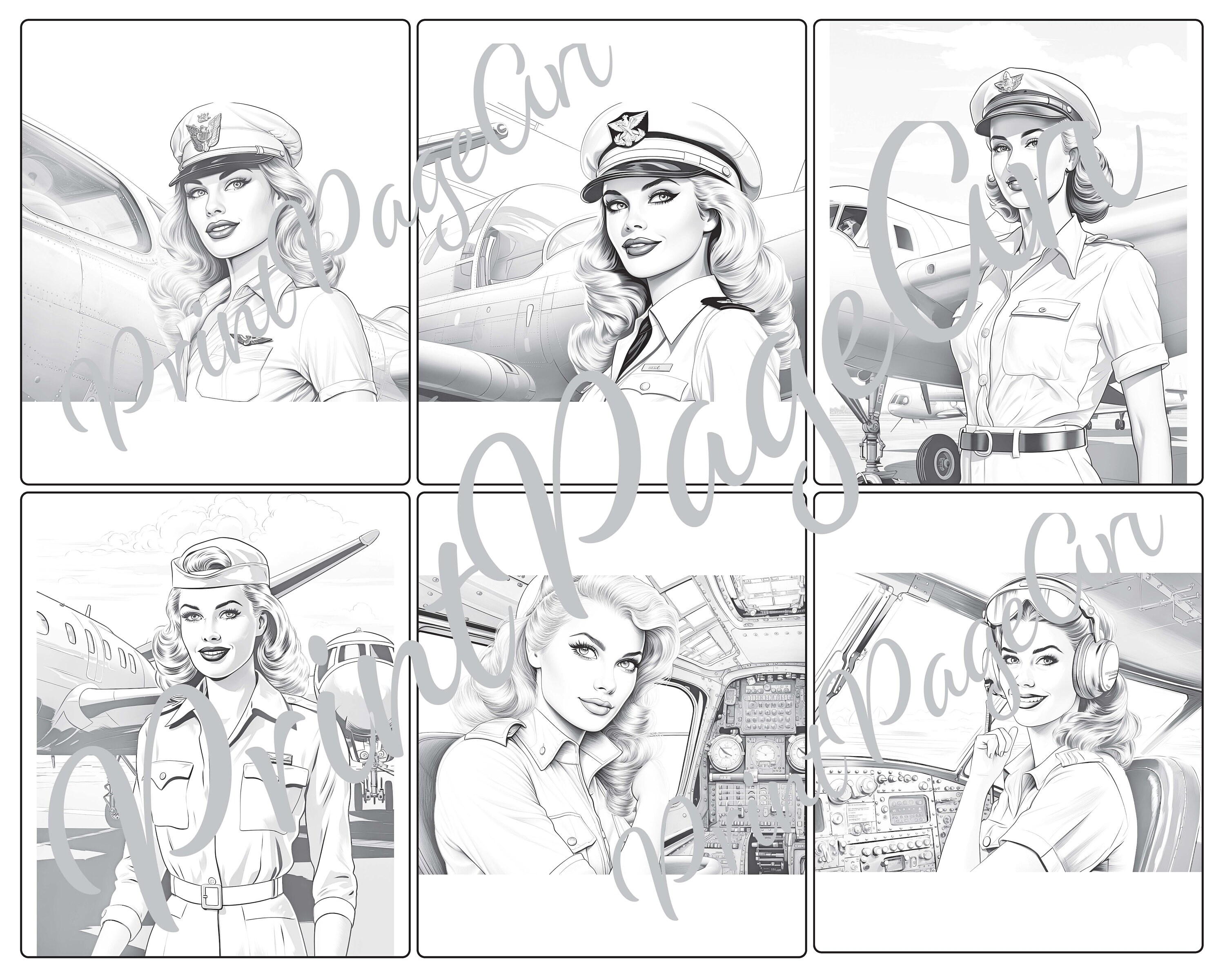 Vintage Pilot Woman, Grayscale Coloring Book for Adults, 36 Unique ...