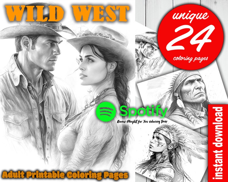 Wild West Grayscale Coloring Page Printable Adult Coloring Pages Book ...
