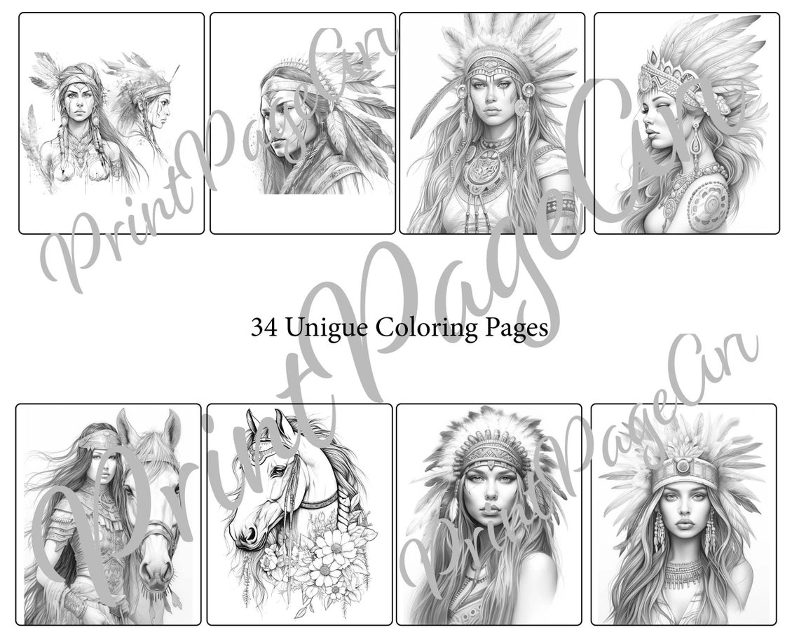 American Indian Woman Grayscale Coloring Page Printable Adult Coloring ...