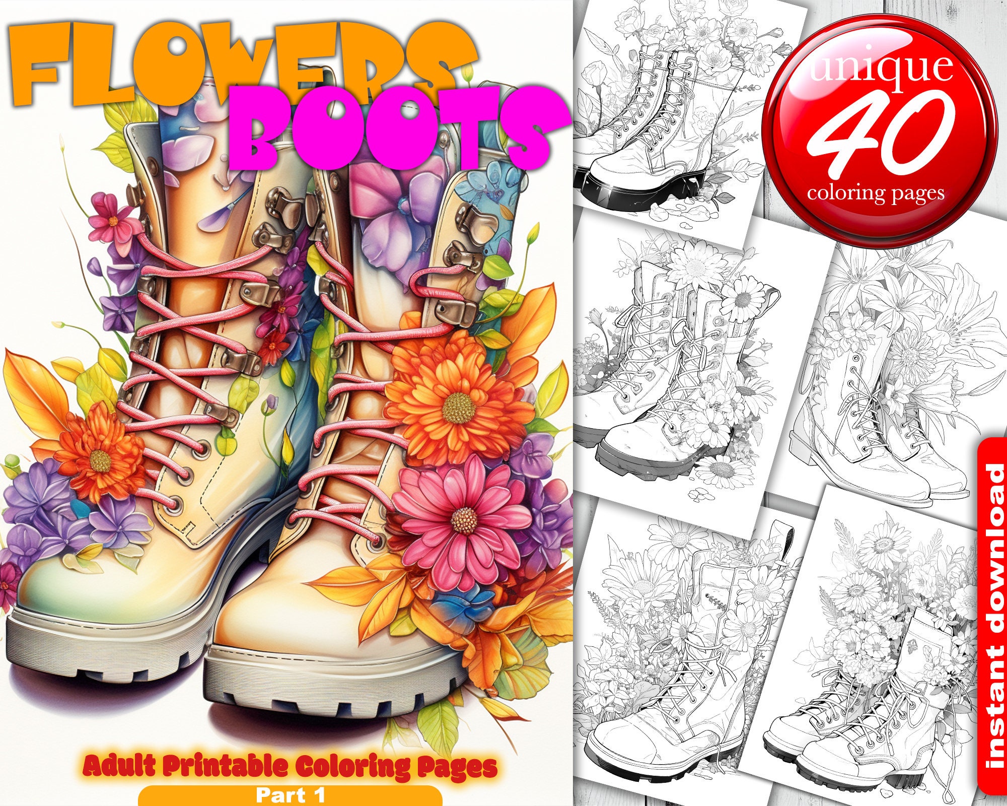 40 Flowers Boots Coloring Pages Printable Adult Coloring Pages Book ...