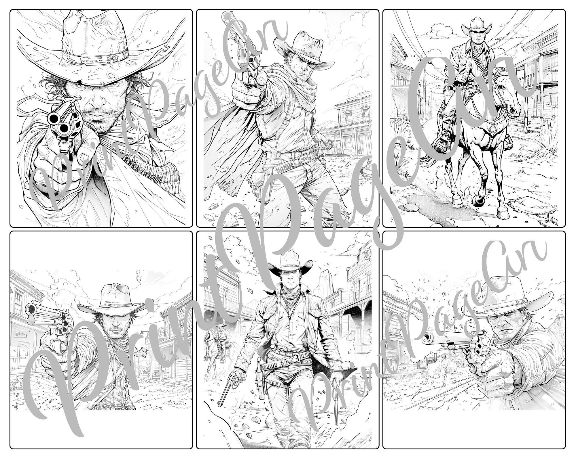 Gunslinger, Wild West Cowboys, 38 Unique Illustrations Printable Pages ...