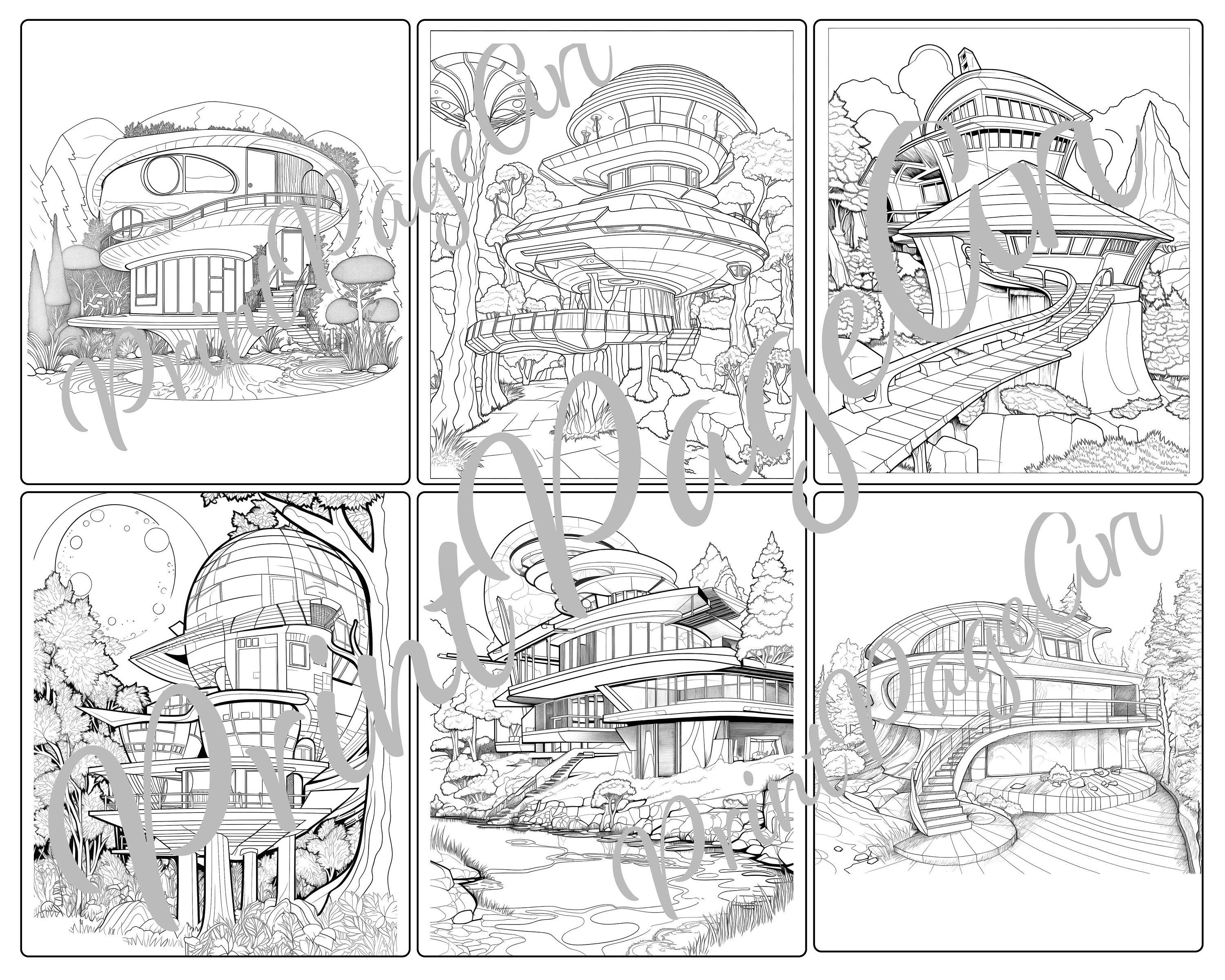 24 Futuristic Houses Adult Coloring Page Printable Adult Coloring Book ...