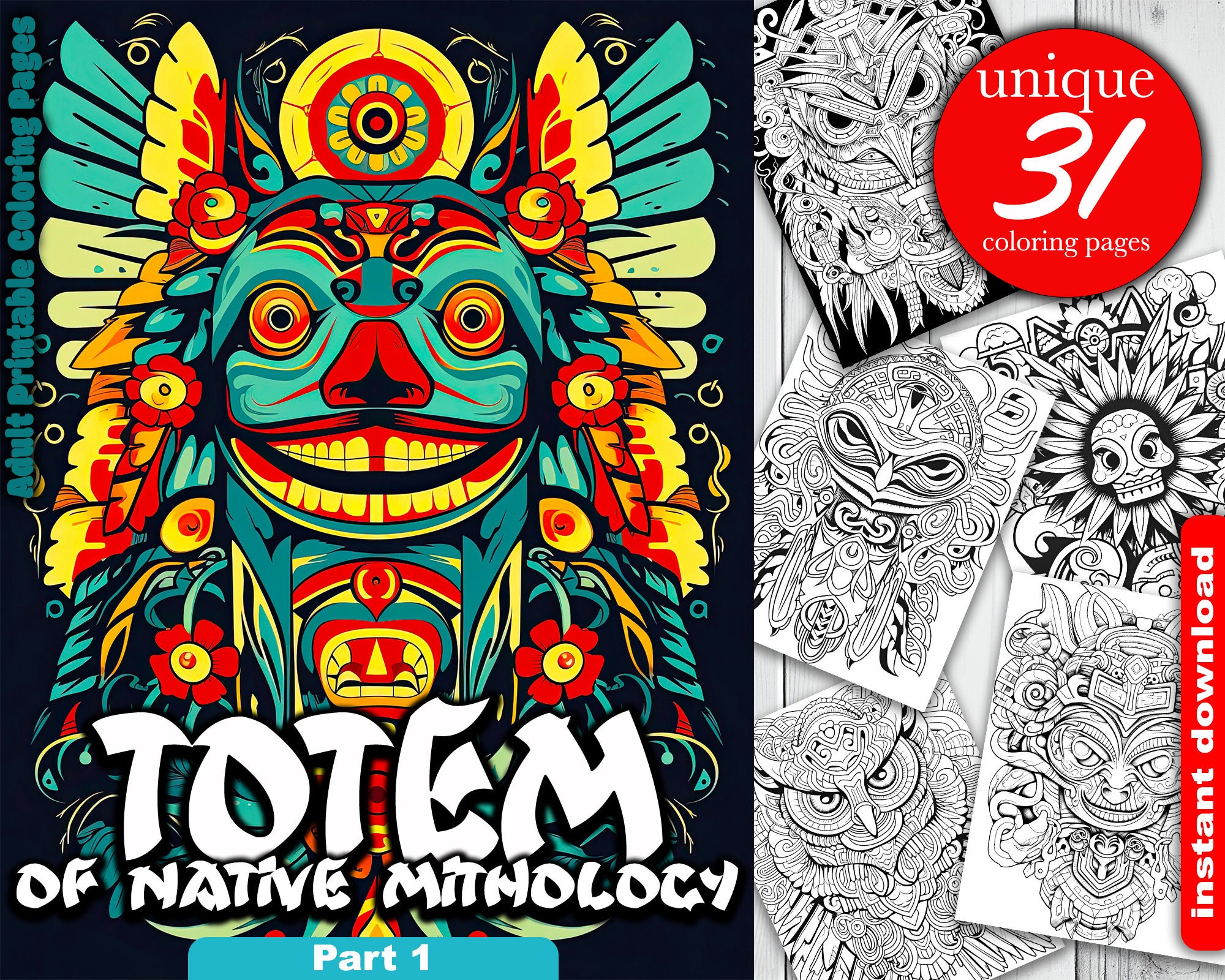 Totem of Native Mythology, Coloring Book for Adult, 31 Printable Pages ...