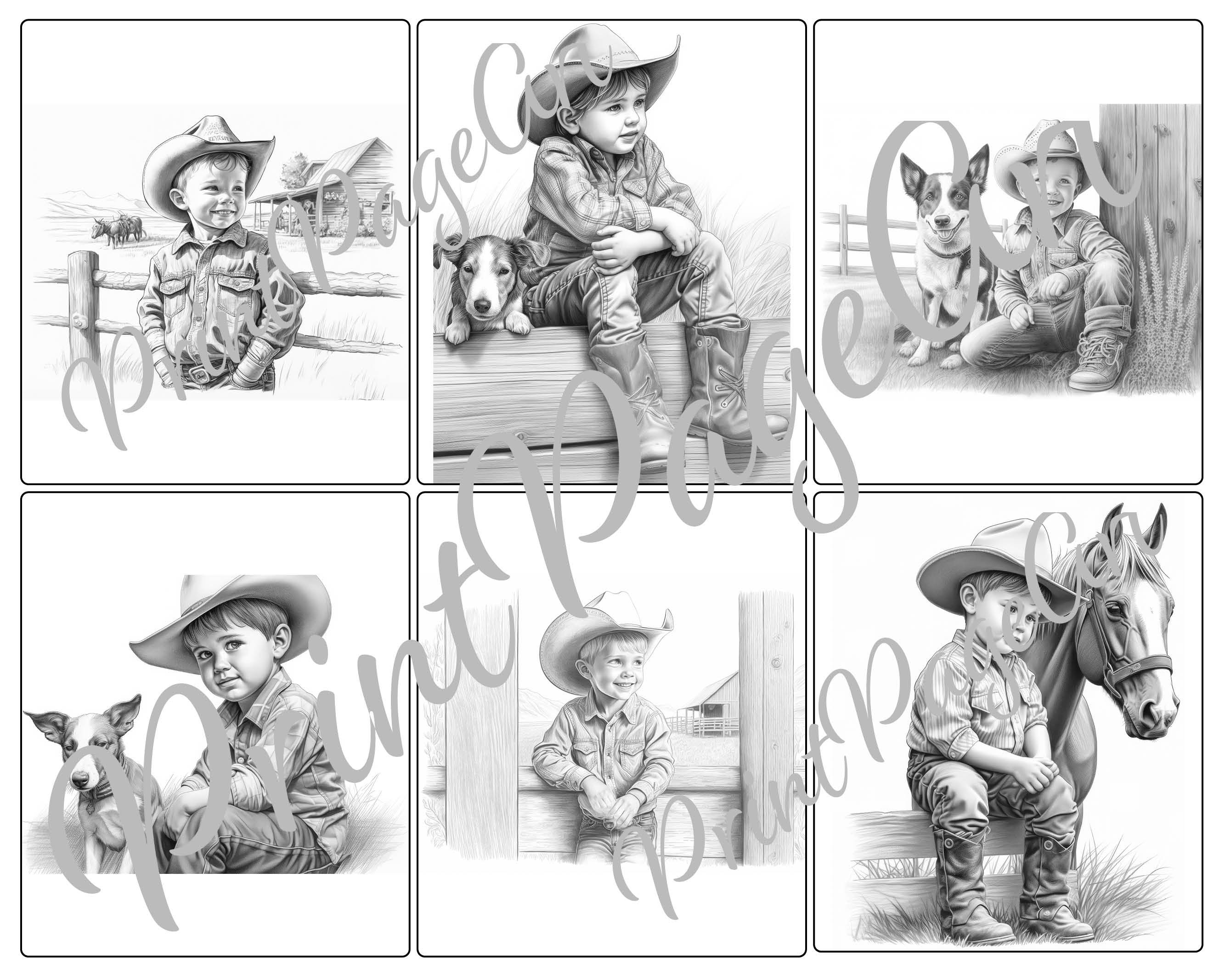 Little Cowboy Coloring Pages: Wild West Grayscale Art (PDF Download) - Etsy