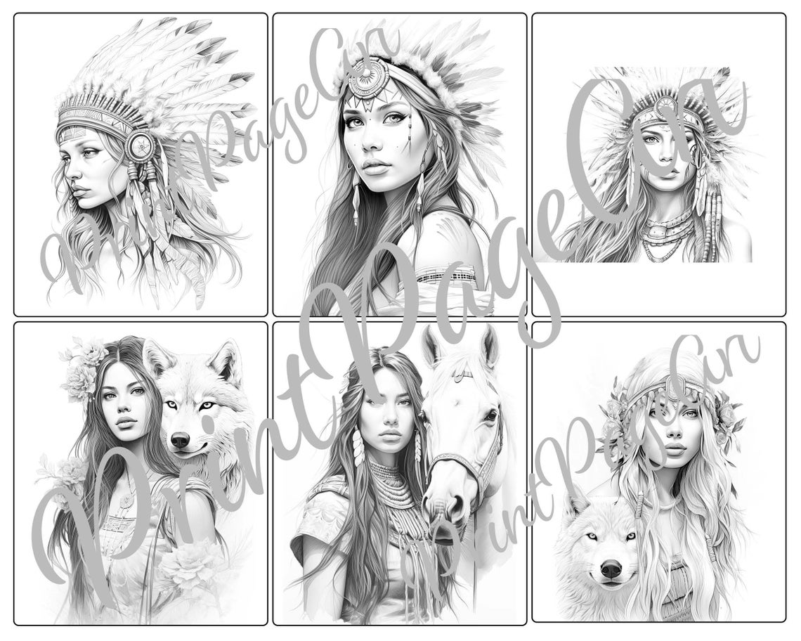 Native American Woman Coloring Pages: Grayscale Illustrations (PDF ...
