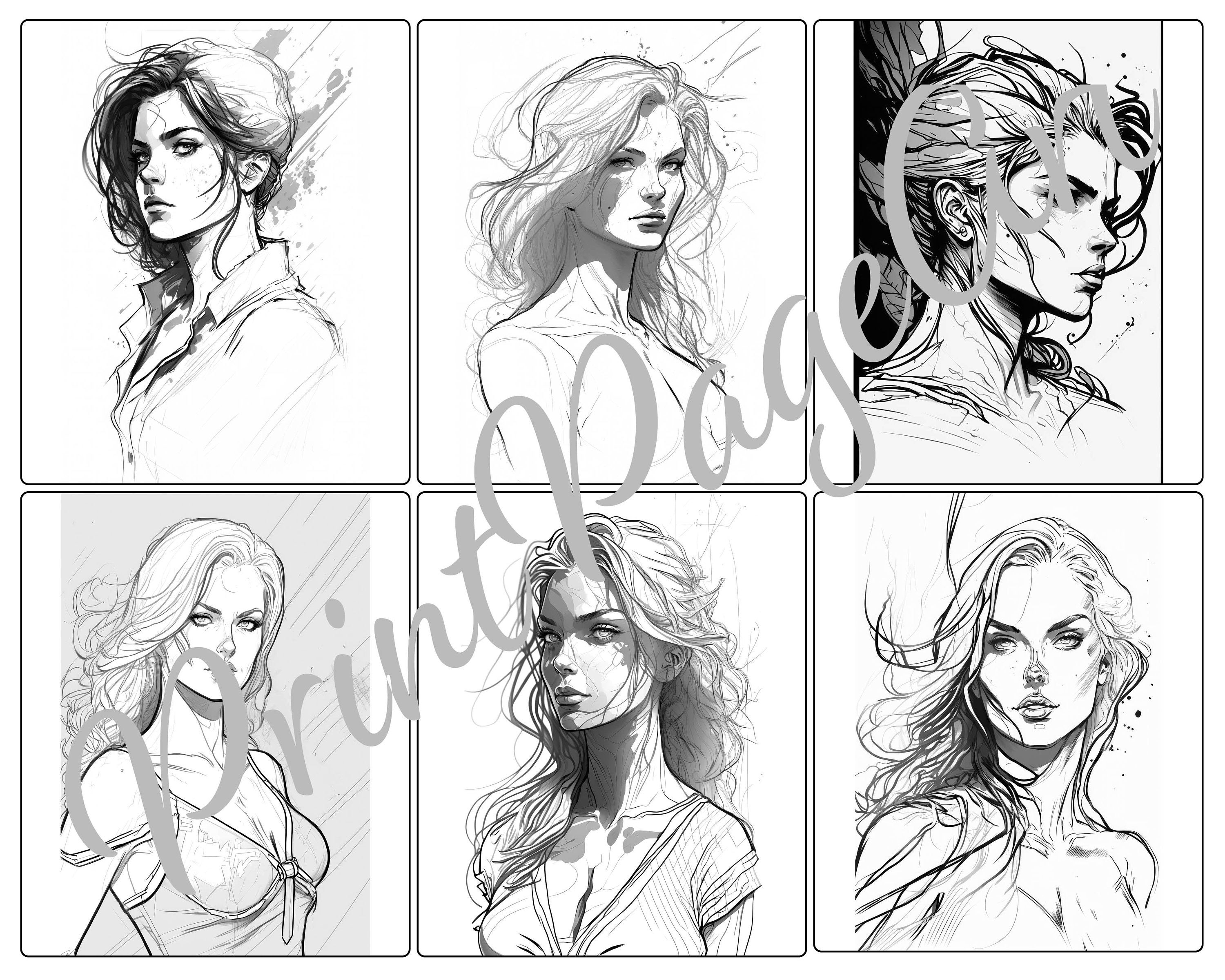 Easy Portrait Woman for Coloring Practice Grayscale Coloring Page ...