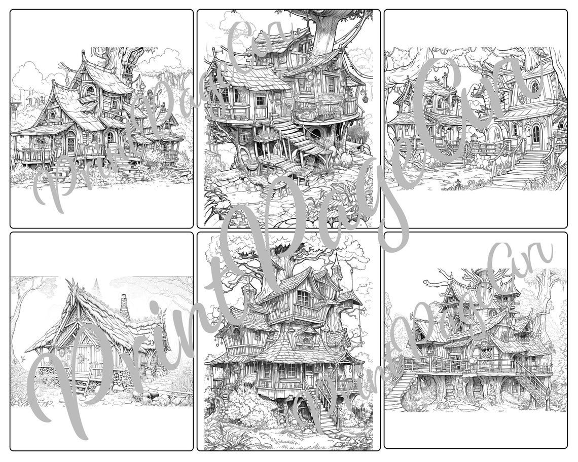 24 Forest Houses Adult Coloring Page Printable Adult Coloring Book ...