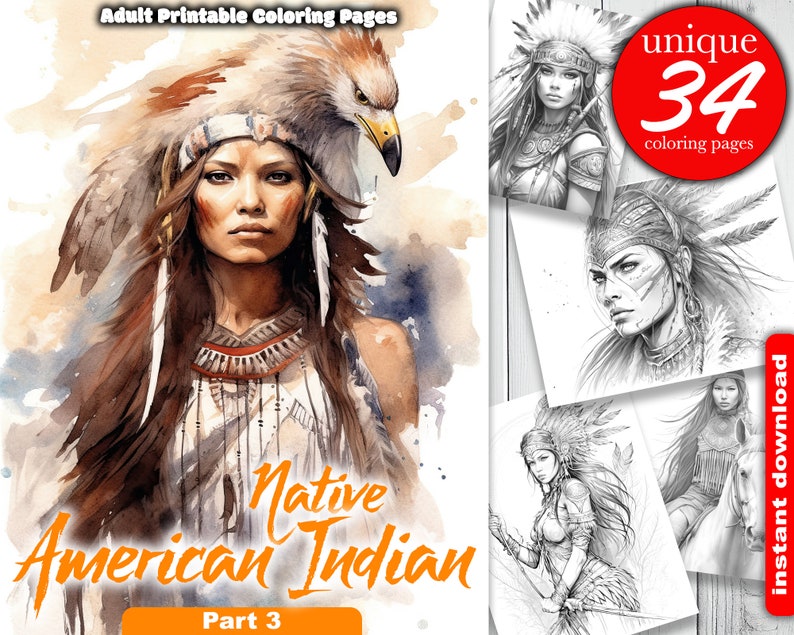 American Indian Woman Grayscale Coloring Page Printable Adult Coloring ...
