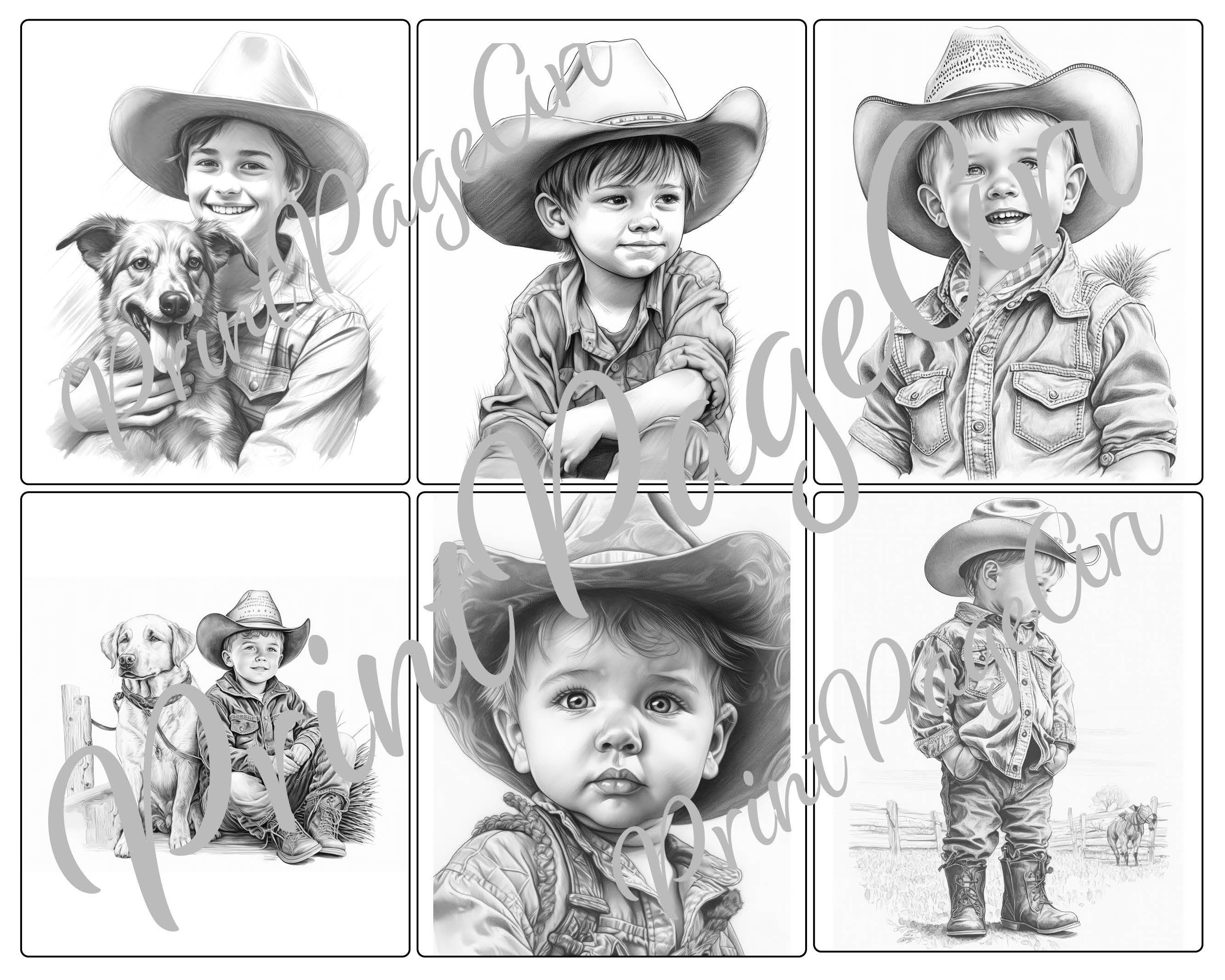 Little Cowboy Coloring Pages: Wild West Grayscale Art (PDF Download) - Etsy