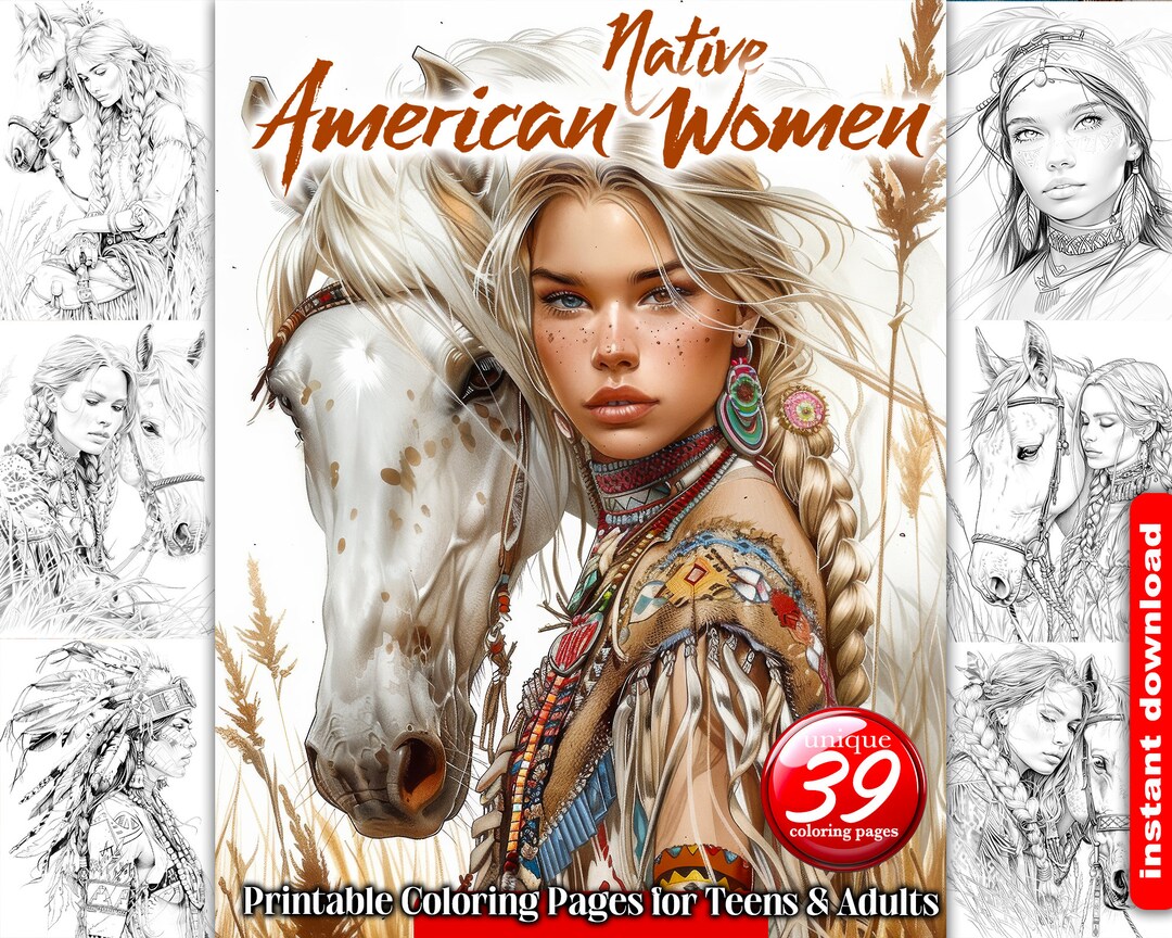 Native American Woman Coloring Book: 39 Grayscale Pages (PDF Download ...