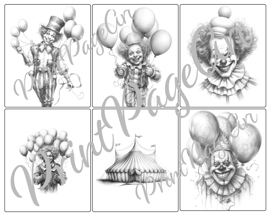 Clown Circus Grayscale Adult Coloring Pages Circus Theme Adult ...