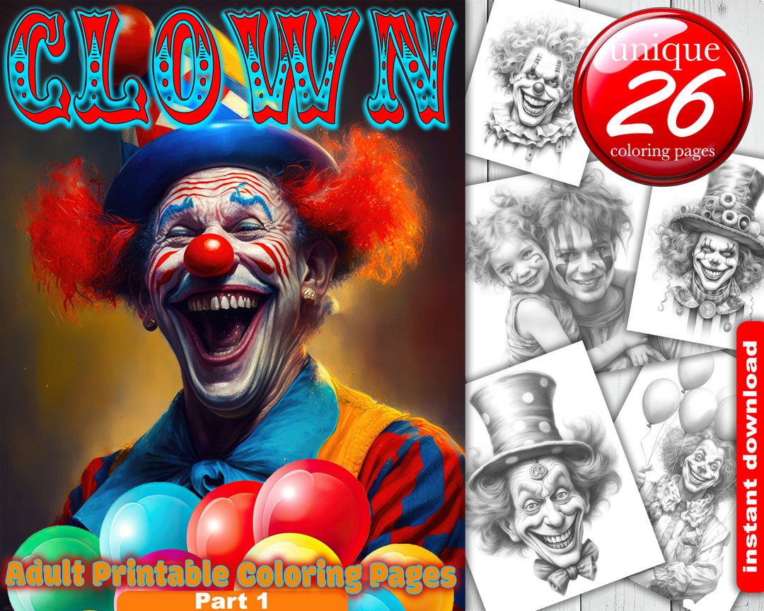 Clown | Circus Grayscale Adult Coloring Pages | Circus Theme | Adult ...