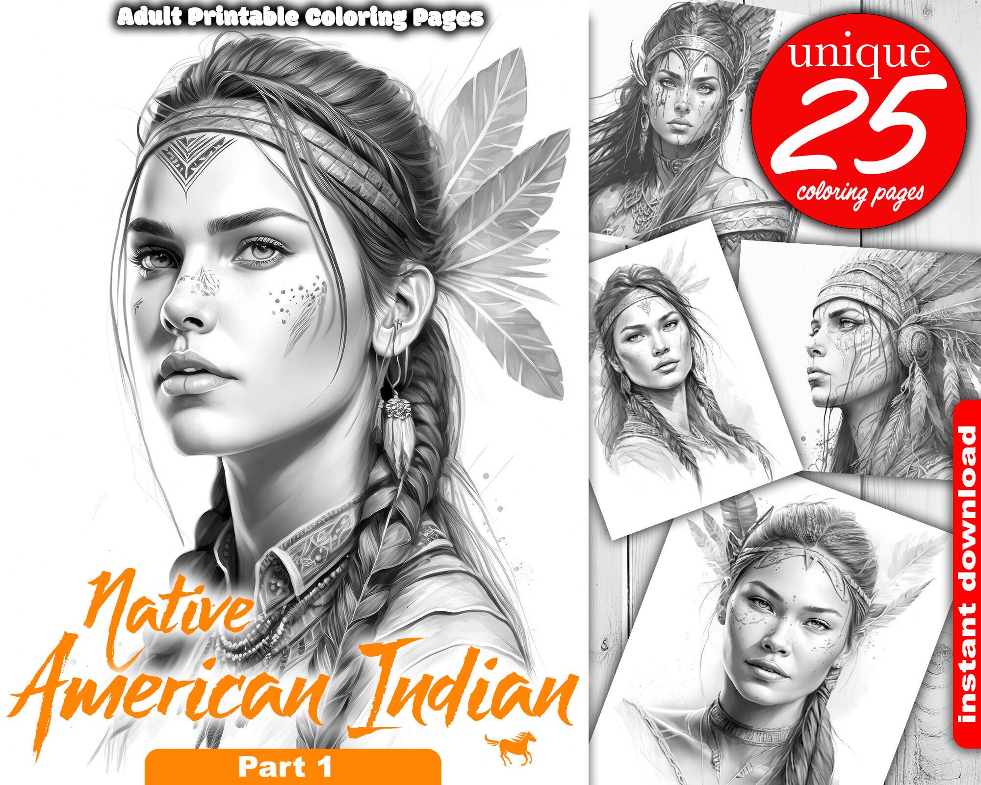 Native American Indian Woman Grayscale Coloring Page Printable Adult ...