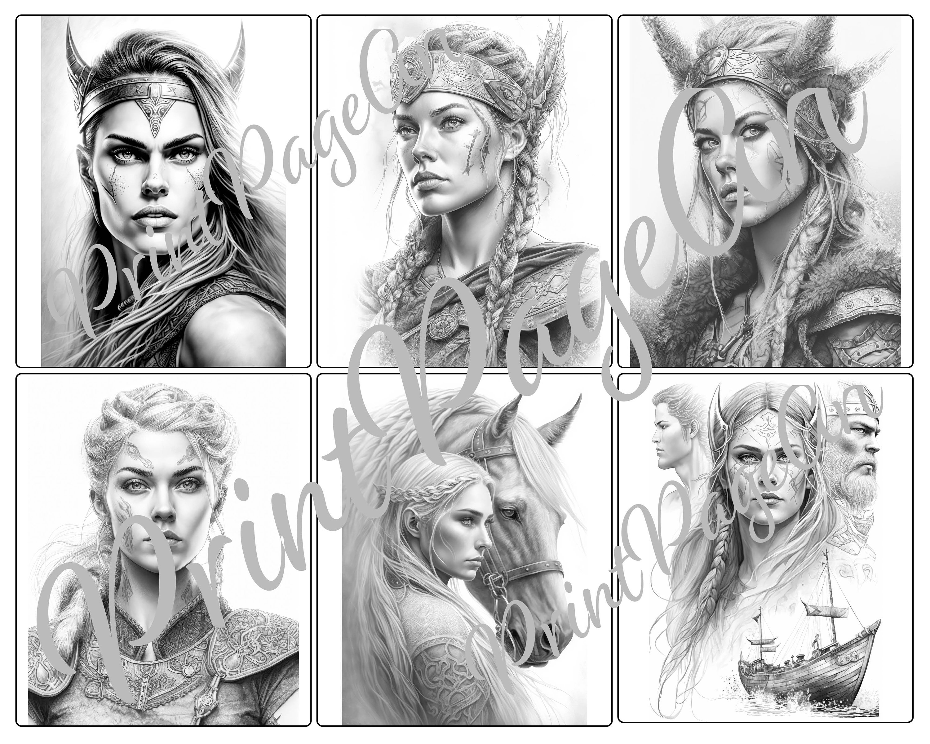 Viking Woman Edition Grayscale Coloring Page Printable Adult Coloring ...