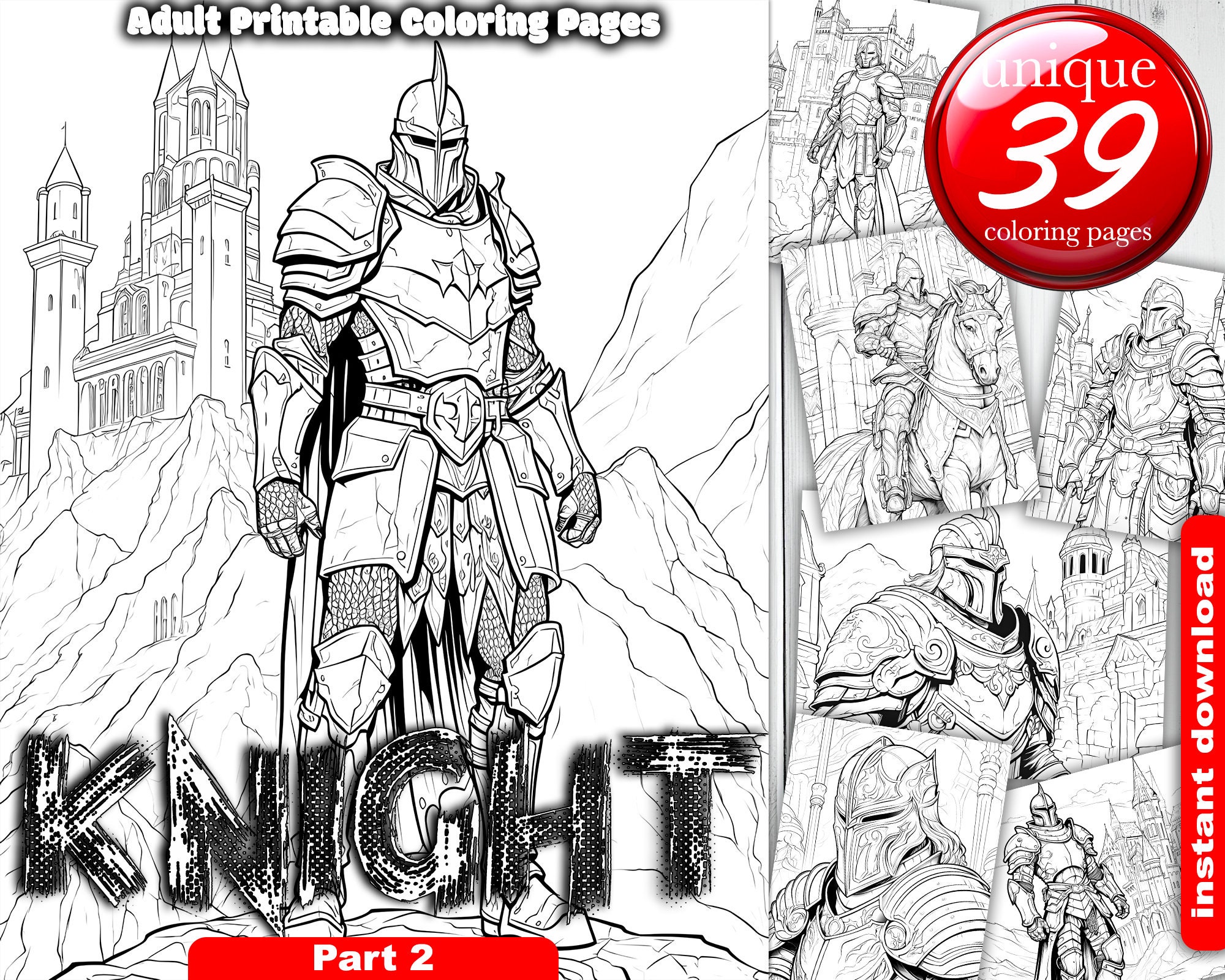Warrior Knight , Fantasy Coloring Book for Adult, 39 Printable Pages ...