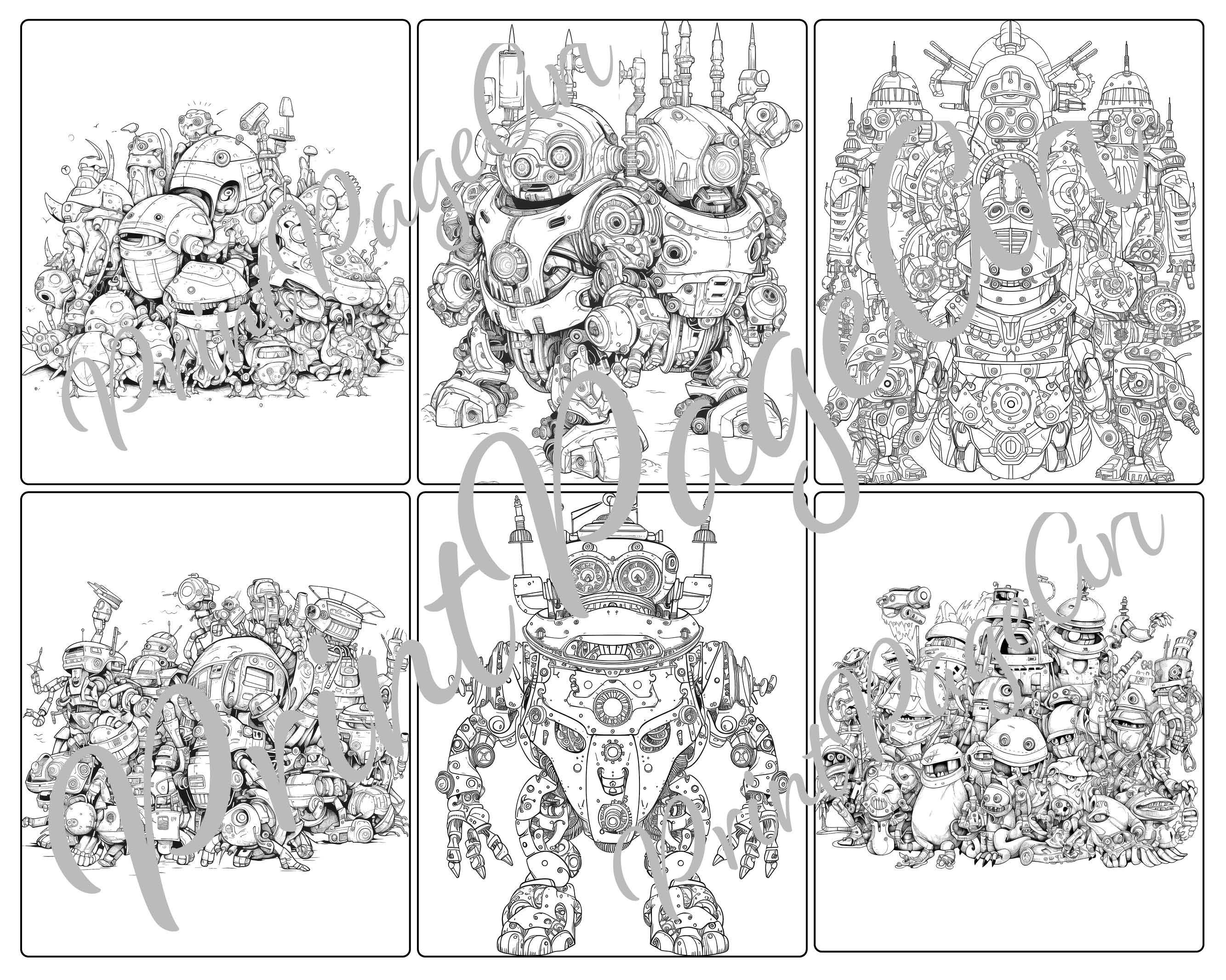 Robot Army Coloring Pages: 25 Grayscale Illustrations (PDF Download) - Etsy