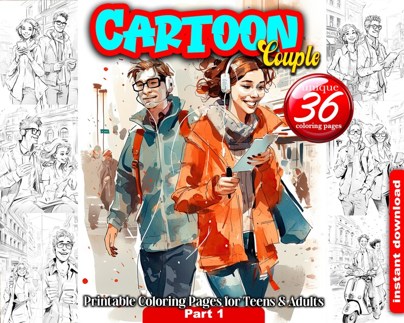 City Break Cartoon Couple Coloring Pages: 36 Themes (PDF) - Etsy