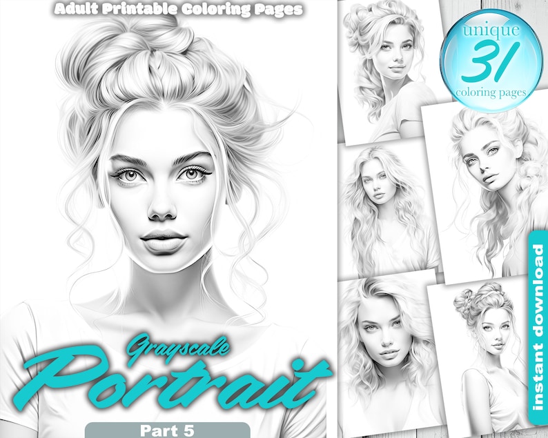 Grayscale Woman Portrait Coloring Book – 31 Printable Pages (PDF) - Etsy