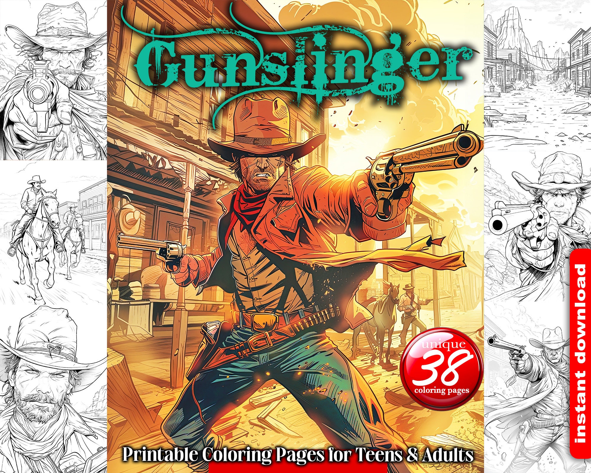 Gunslinger, Wild West Cowboys, 38 Unique Illustrations Printable Pages ...