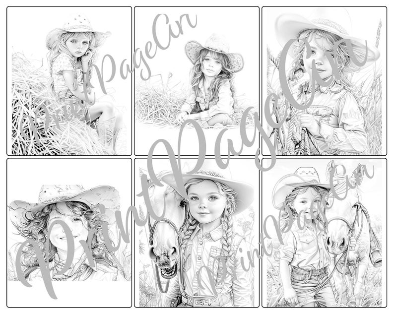 Cowgirl Coloring Pages for Adults: Wild West Grayscale (PDF Download ...