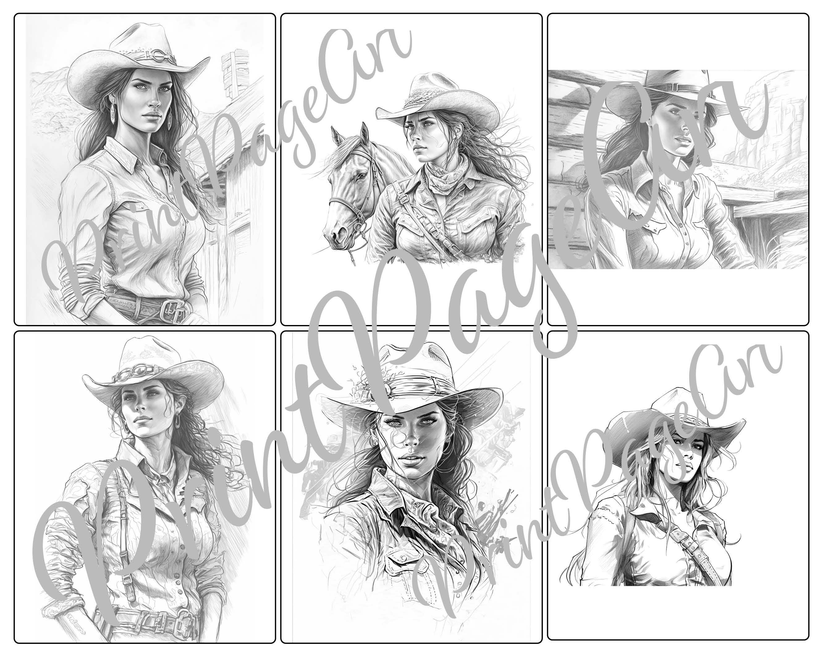 Western, Cowgirl Grayscale Coloring Page Printable Adult Coloring Book ...
