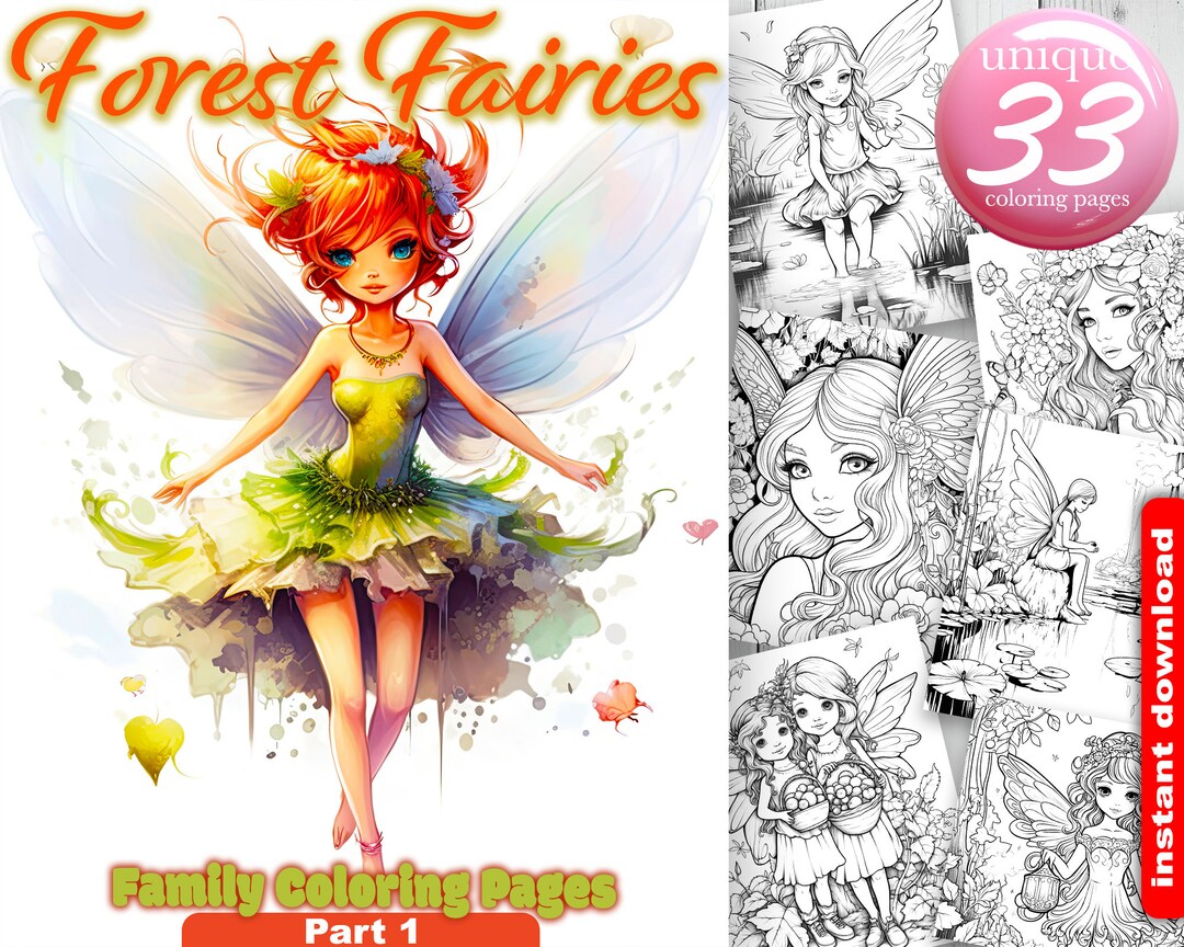 Cute Forest Fairy Coloring Book, Family Coloring Pages, Instant ...