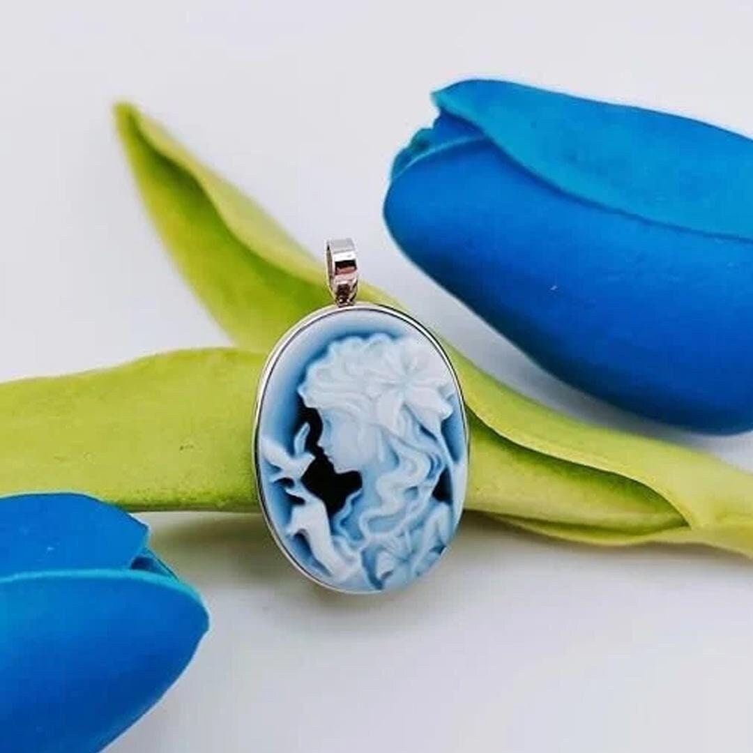 Blue Agate Cameo Pendant Brooch Pendant Woman s Face 925 Silver Etsy UK