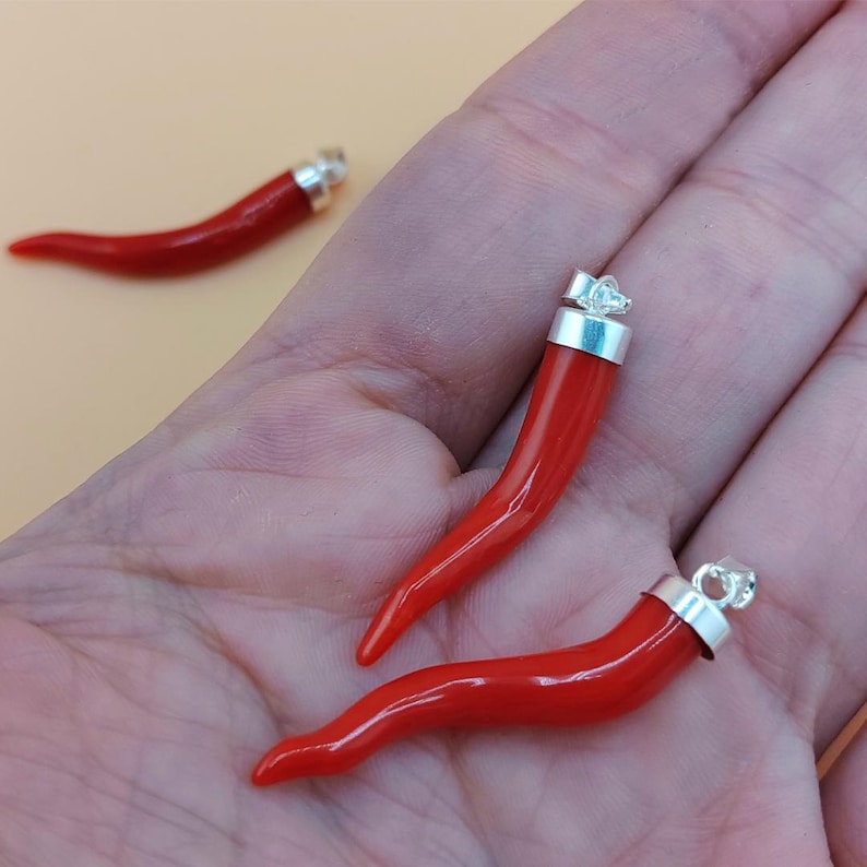 Large Horn Pendant in Natural Red Coral, Silver, Lucky Charm, Handmade ...