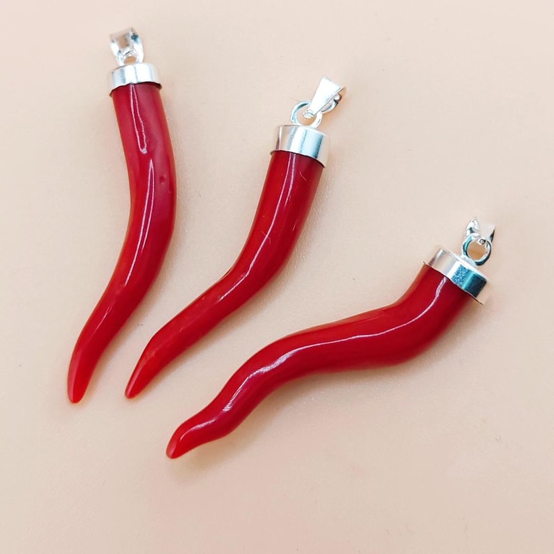 Large Horn Pendant in Natural Red Coral, Silver, Lucky Charm, Handmade ...